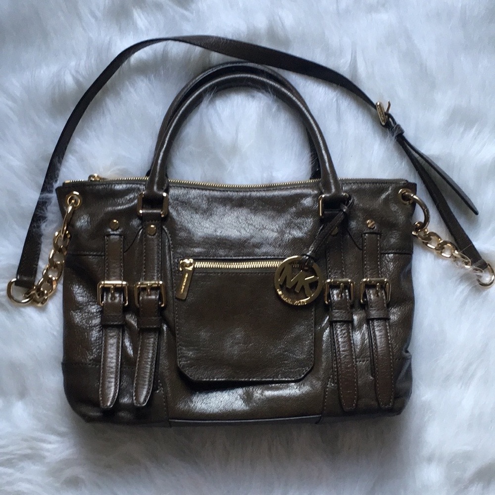 Michael Kors Mcgraw Dark Green Gold Chain Zippers Mk - Gem